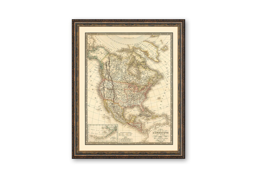 North America Map 1849 Print Vintage Colored Map Country Home Wall ...