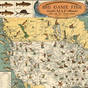 Big Game Fish Map Poster Print Vintage Fresh and Saltwater Fish Chart ...
