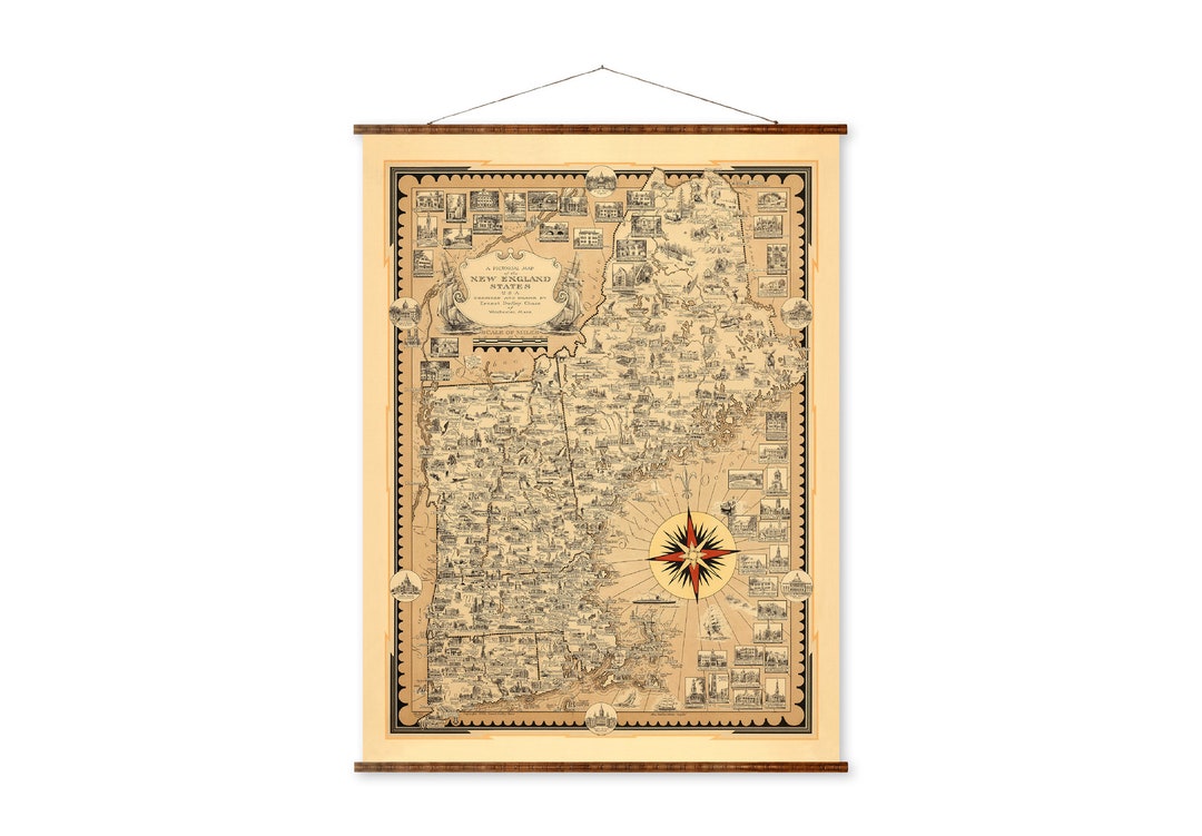 Map of New England Vintage City Map on Ready to Hang Roll Down Canvas ...