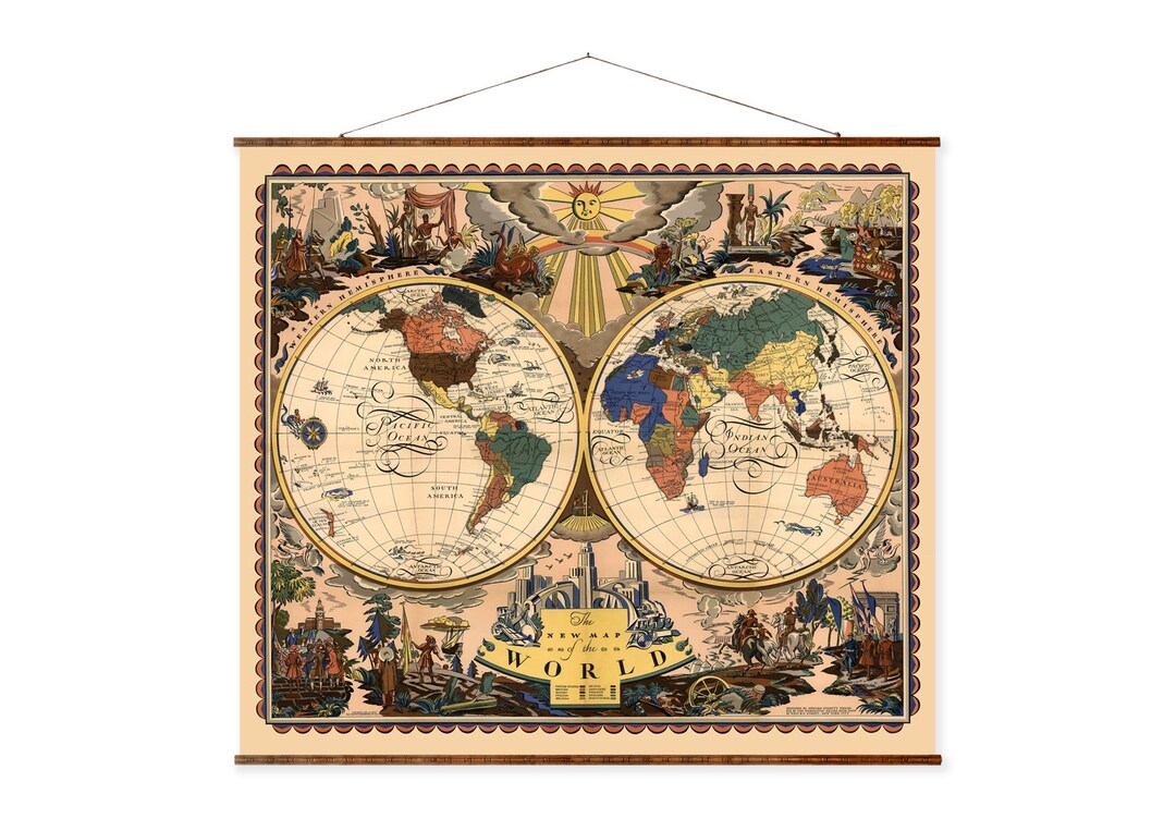 Vintage Old World Map on Canvas Decorative Wall Scroll Colorful Map ...