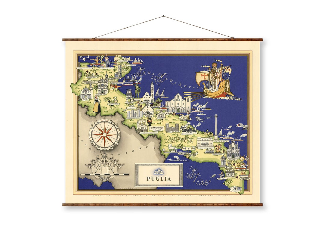 Map of Puglia Italy Vintage City Map on Ready to Hang Roll Down Canvas ...