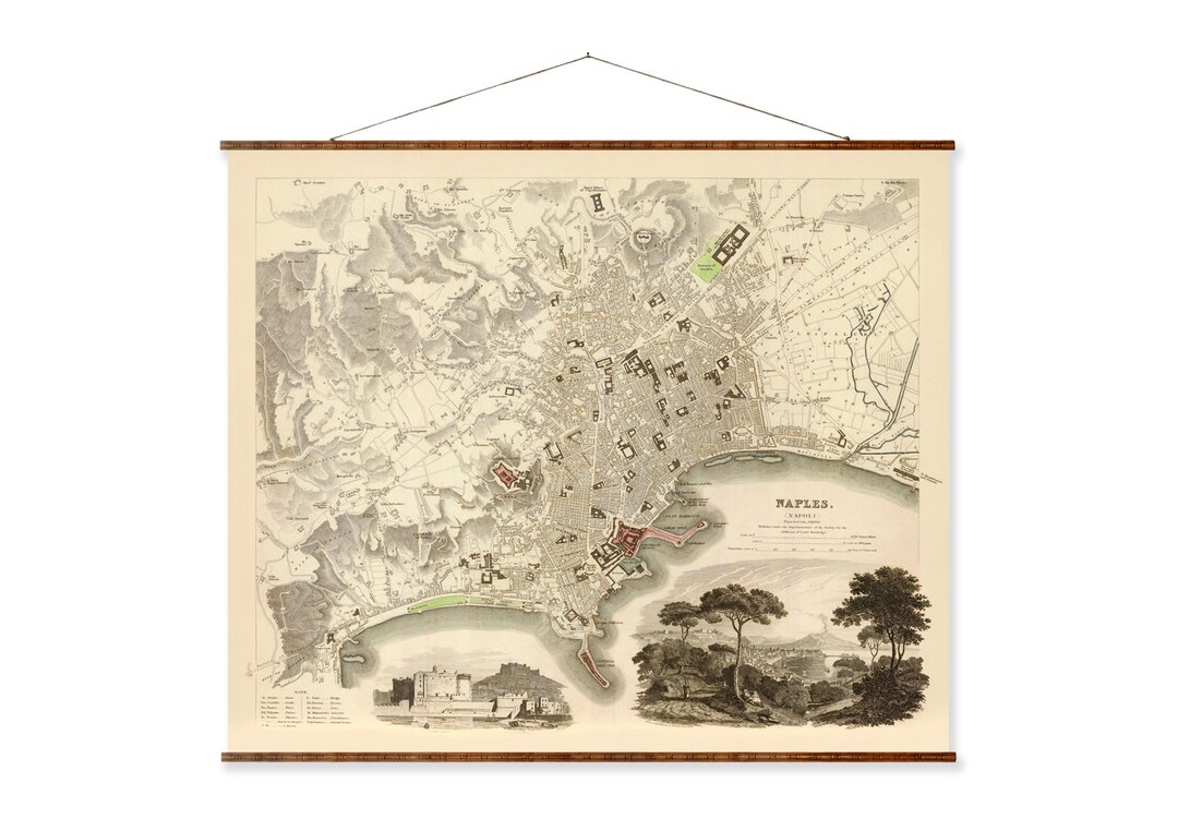 Naples Vintage European City Map on Ready to Hang Roll Down Canvas Decorative Antique Map Scroll ...