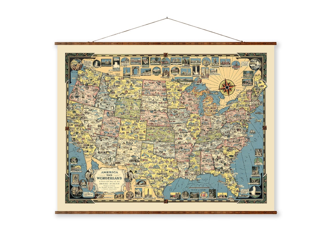 Vintage America Map Canvas: Color Scroll Wall Art - Etsy