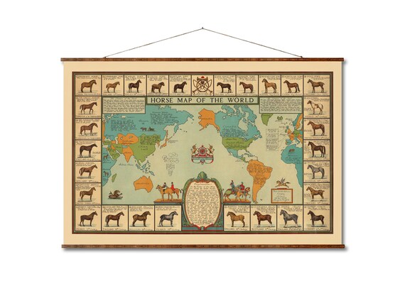 Horse Map of the World on Canvas Decorative Scroll Map of the - Etsy