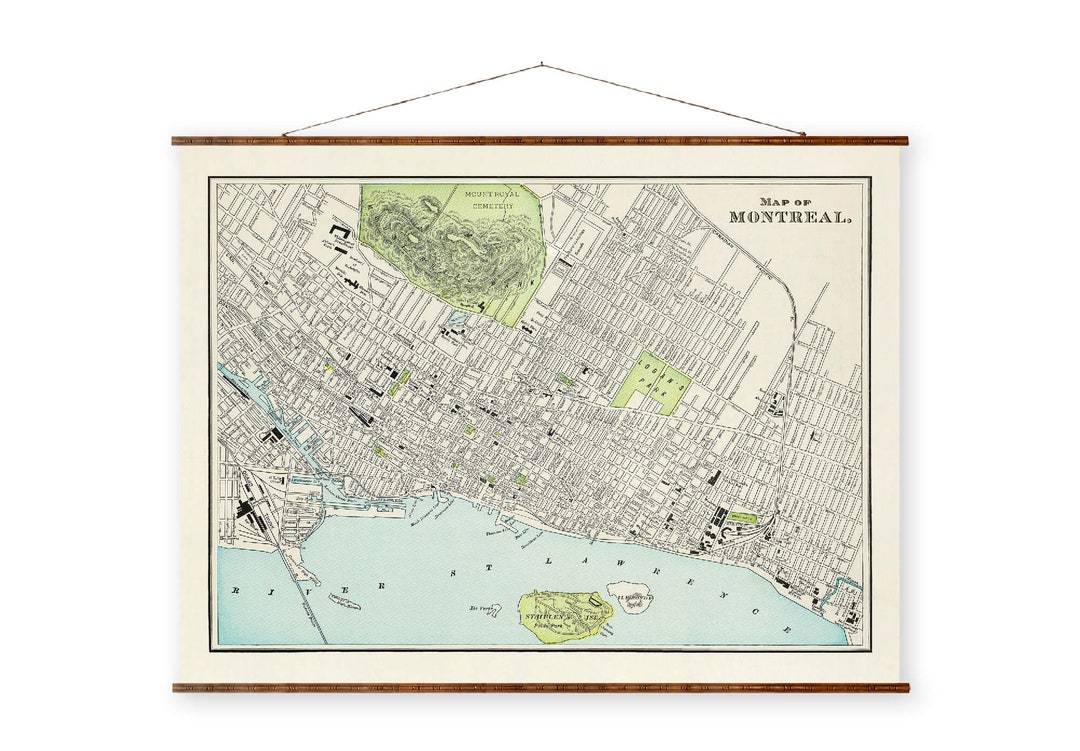 Montreal Canada Map Vintage City Map on Ready to Hang Roll Down Canvas ...
