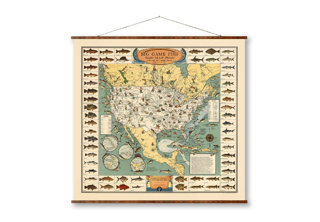 Vintage Big Game Fish Canvas Map: Scroll Style Wall Decor - Etsy