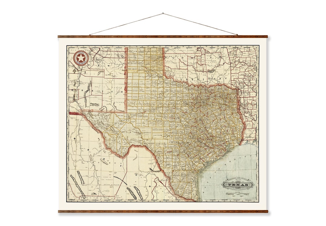 Antique Map of Texas Vintage Roll Down Map on Ready to Hang Canvas ...