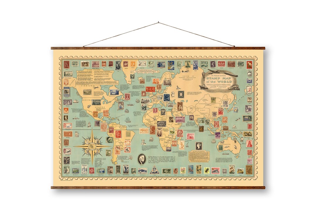 Stamp Map of the World Canvas Decorative Scroll Map Vintage Color ...