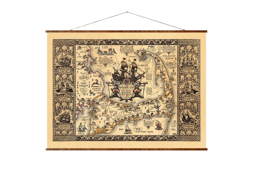 Cape Cod Pictorial Map Vintage Ready to Hang Roll Down Canvas Map ...
