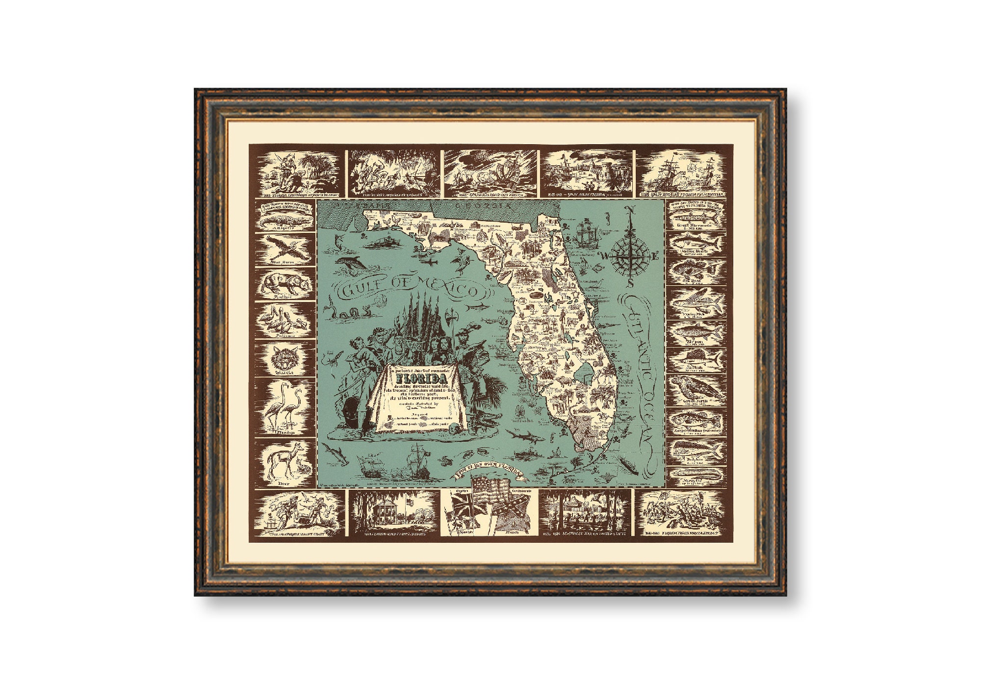 Map of Florida Poster Print Vintage Home Wall Pictorial Map - Etsy