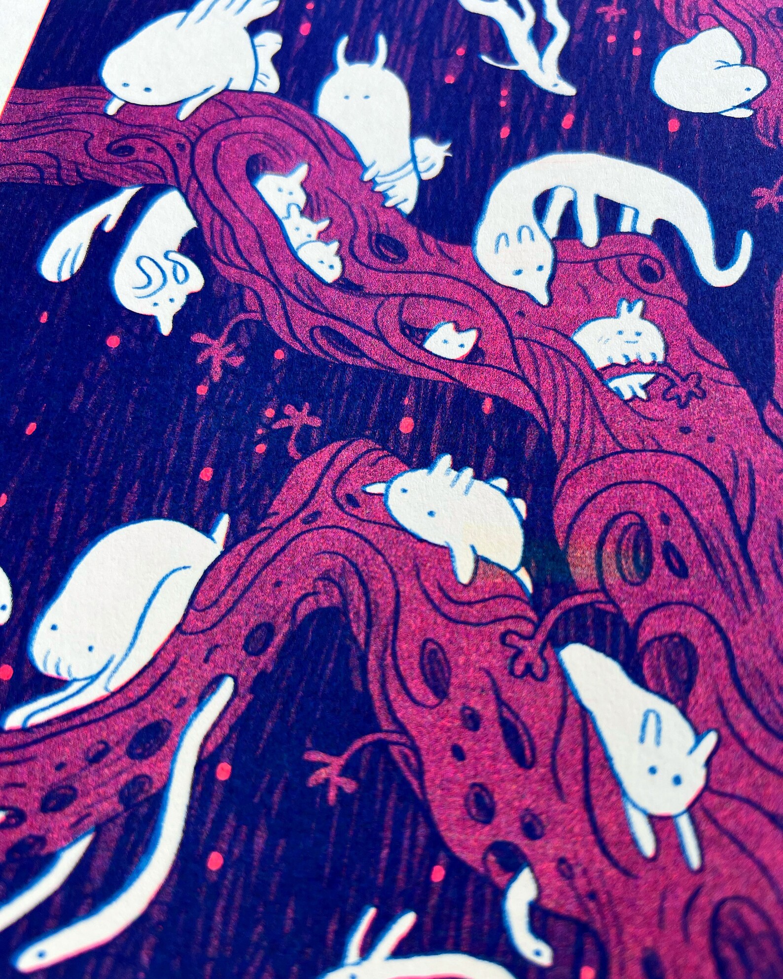 Midnight Tree Risograph Print in Fluorescent Pink, Blue, and Yellow ...