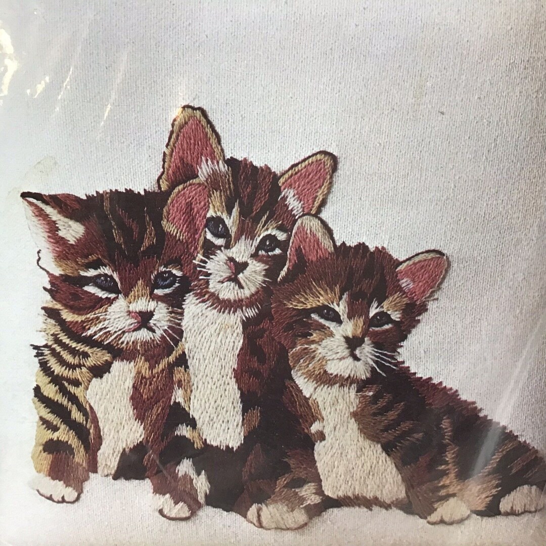 Vtg Needlepoint Crewel Pillow Kit Three Little Kittens Columbia Minerva ...