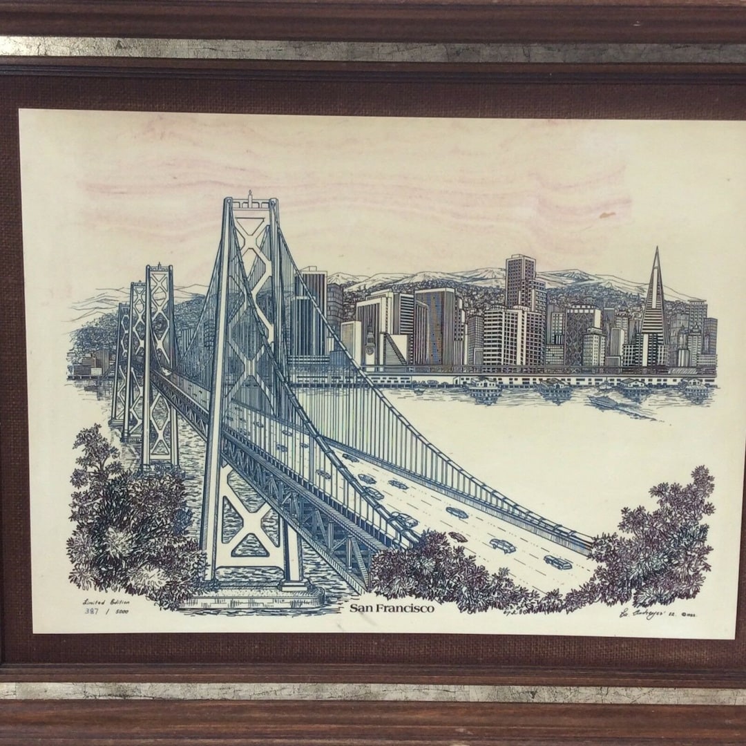 San Francisco Oakland Bay Bridge Alabaster Etched Art Andreyev 1982 Ltd ...