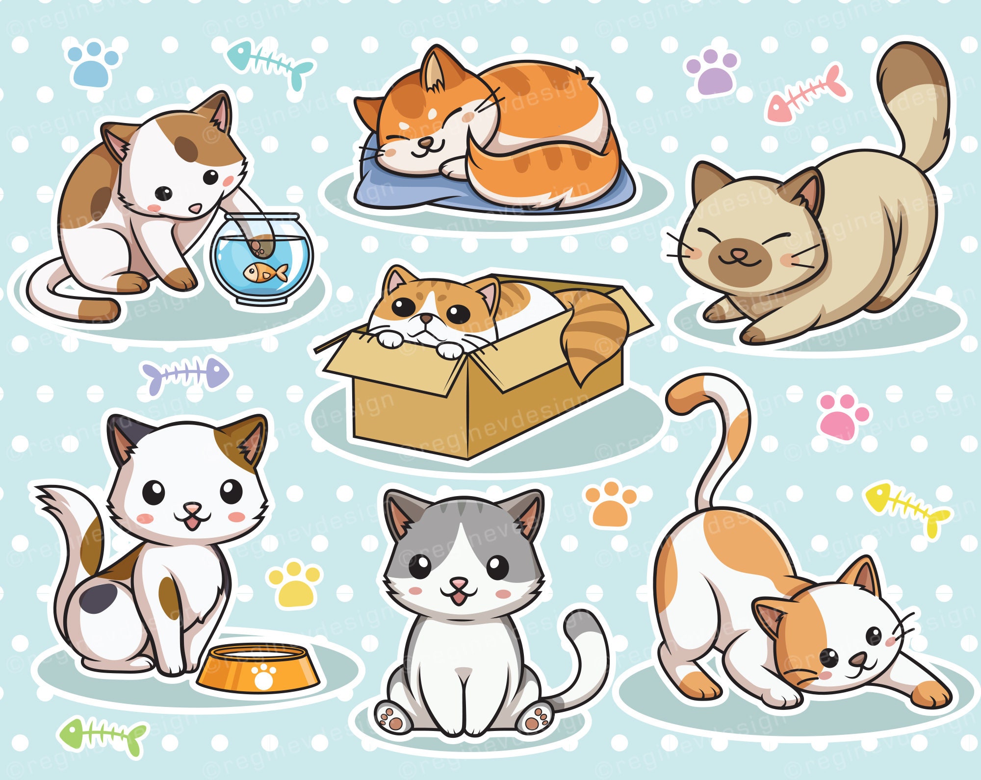 Cute Cat Clipart, Kitten, Sticker, Pussycat, Vector, Kawaii, Chibi ...