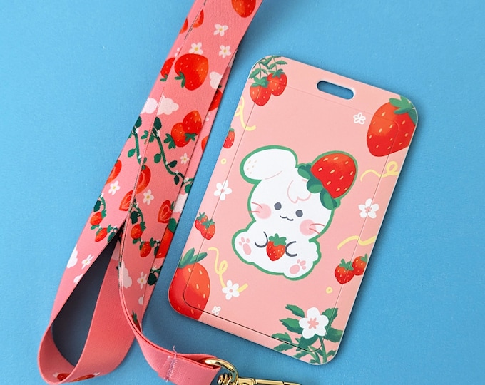 Strawberry Bunny Card Lanyard | Strawberry Fruits Id Holder - Etsy