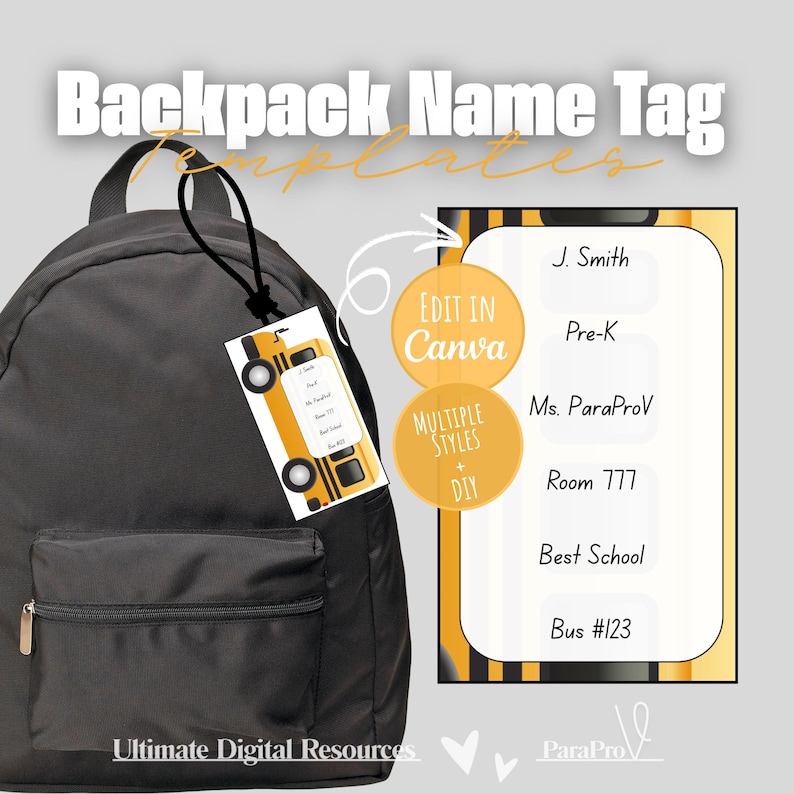 Canva Template Editable School Name Tag | Printable Backpack & Bus Tags ...