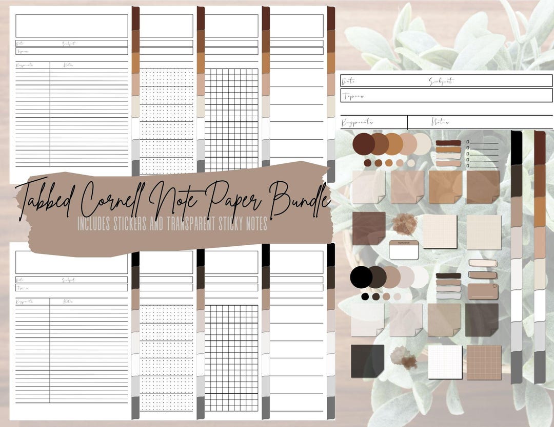Neutral Tabbed Cornell Note Paper and Stickers | Digital Planning ...