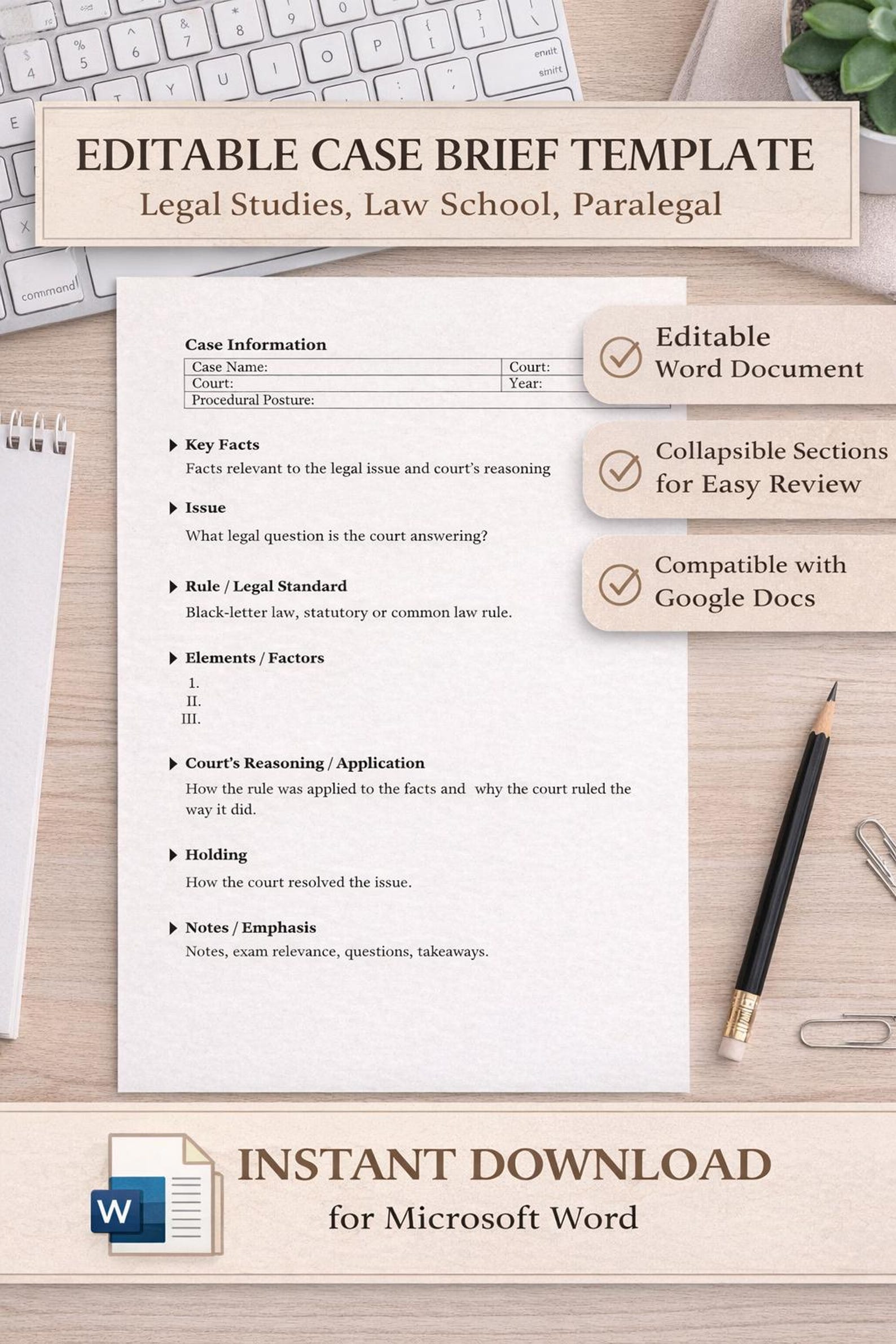 Editable Case Brief Template | Law School, Legal Studies (word & Google ...