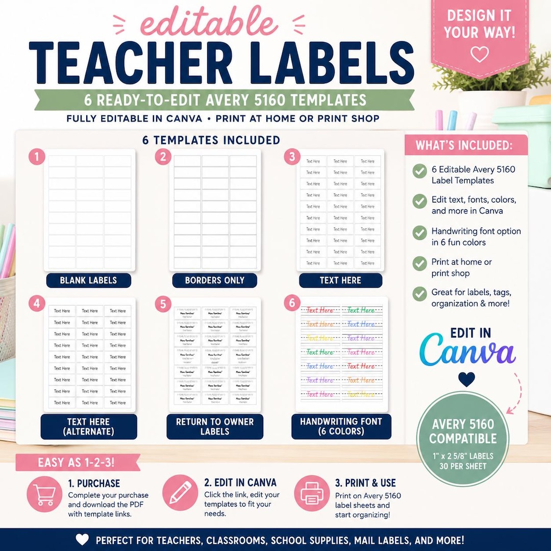 Editable Teacher Labels Canva Template | Avery 5160 Labels | Classroom ...