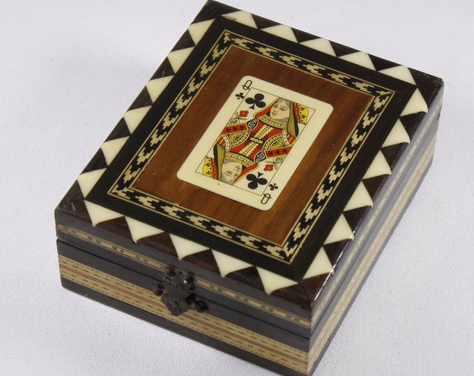 Vintage Inlaid Card Box Queen of Clubs, Playing Card Case, Business ...