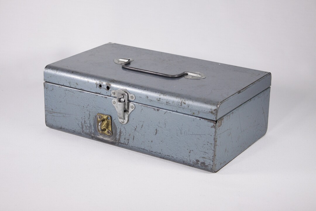 Vintage Blue Powder Coated Steel Storage Box, Metal Tool Box, Lock Box ...
