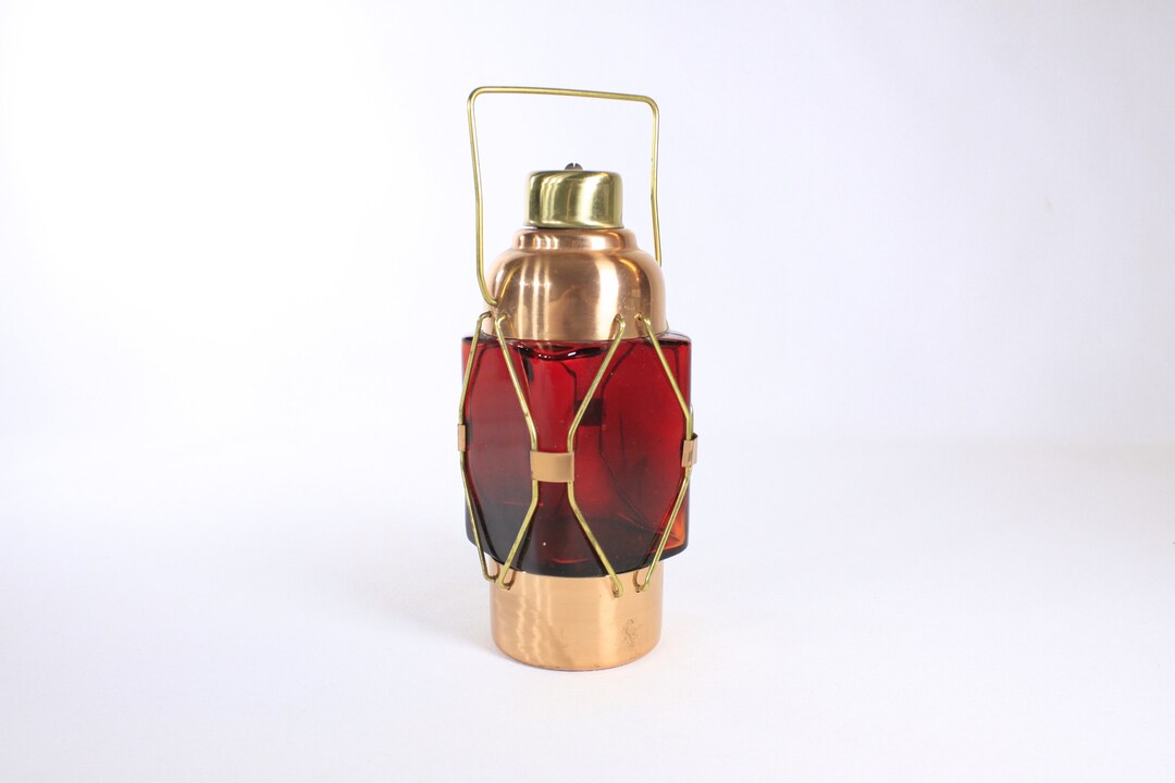 MCM Swedish Decanter Bottle, Brass Copper and Red Glass Train Lantern Flask - Etsy