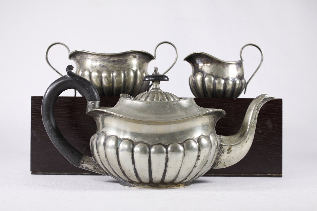 Victorian Silver Plated Helmet Teapot, Creamer, Open Sugar, Vintage ...