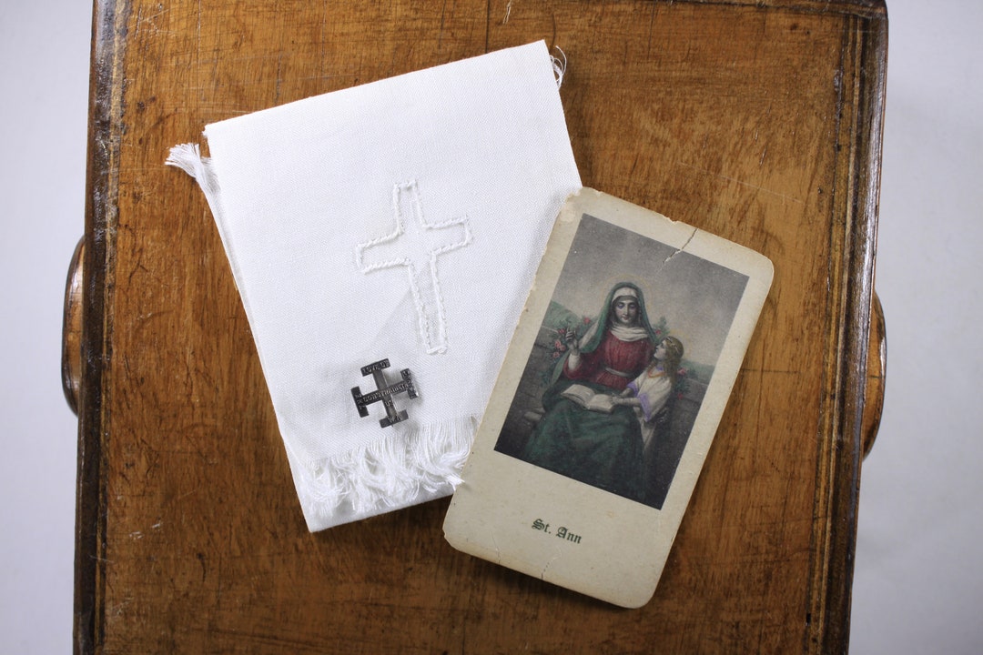 Vintage Religious Lot St Ann Prayer Card, Cross Embroidered Hankie ...