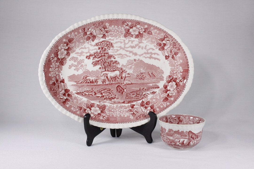 Vintage Staffordshire Pottery Adams English Scenic Pink Transferware 12 ...