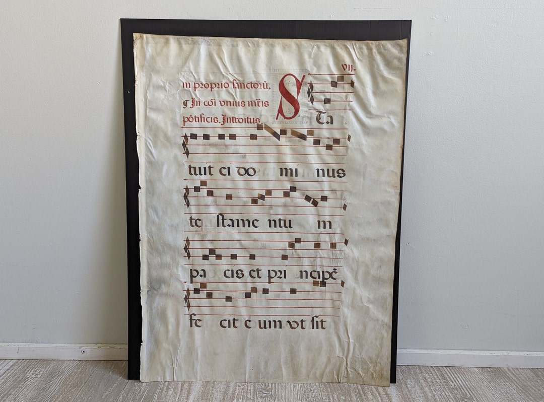 Large Medieval 20 X 26" Antiphonal Religious Music Sheet, Statuit Ei ...