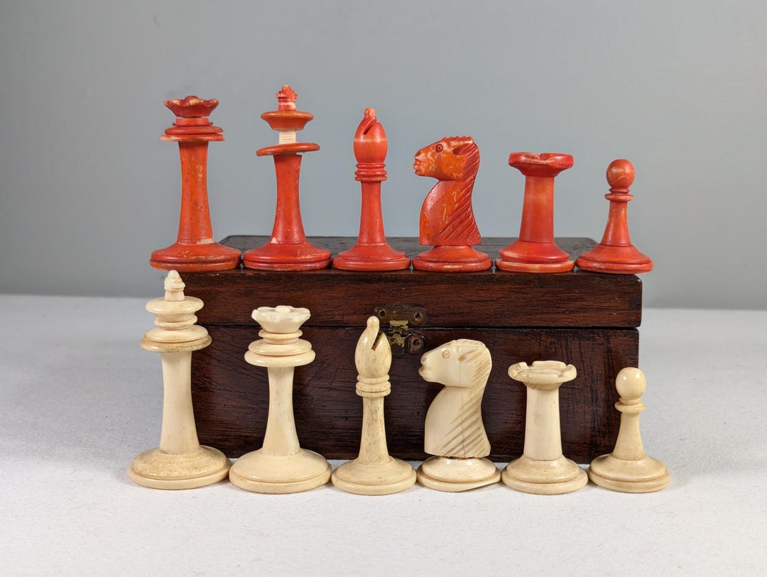 Rare Antique Bone Staunton Chess Set: Red & White Pieces With Wooden ...