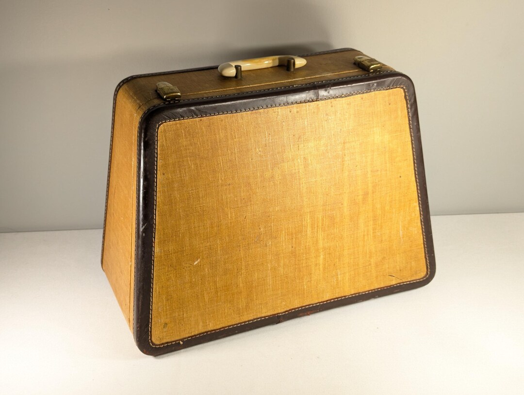 Vintage 1950s Trapezoid Suitcase Linen Leather Look Larger 19" Bottom ...