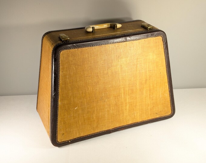 Vintage 1950s Trapezoid Suitcase Linen Leather Look Larger 19" Bottom ...