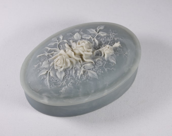 Vintage Blue Incolay Trinket Box With 3D White Roses, USA Made Jewelry ...