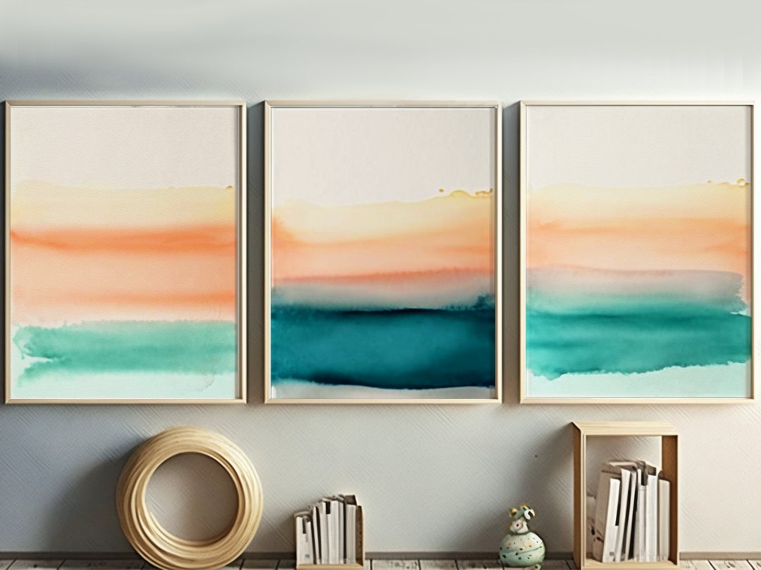 Abstract Art Print Set Modern Peach Turquoise/ Abstract Wall Art Set of ...
