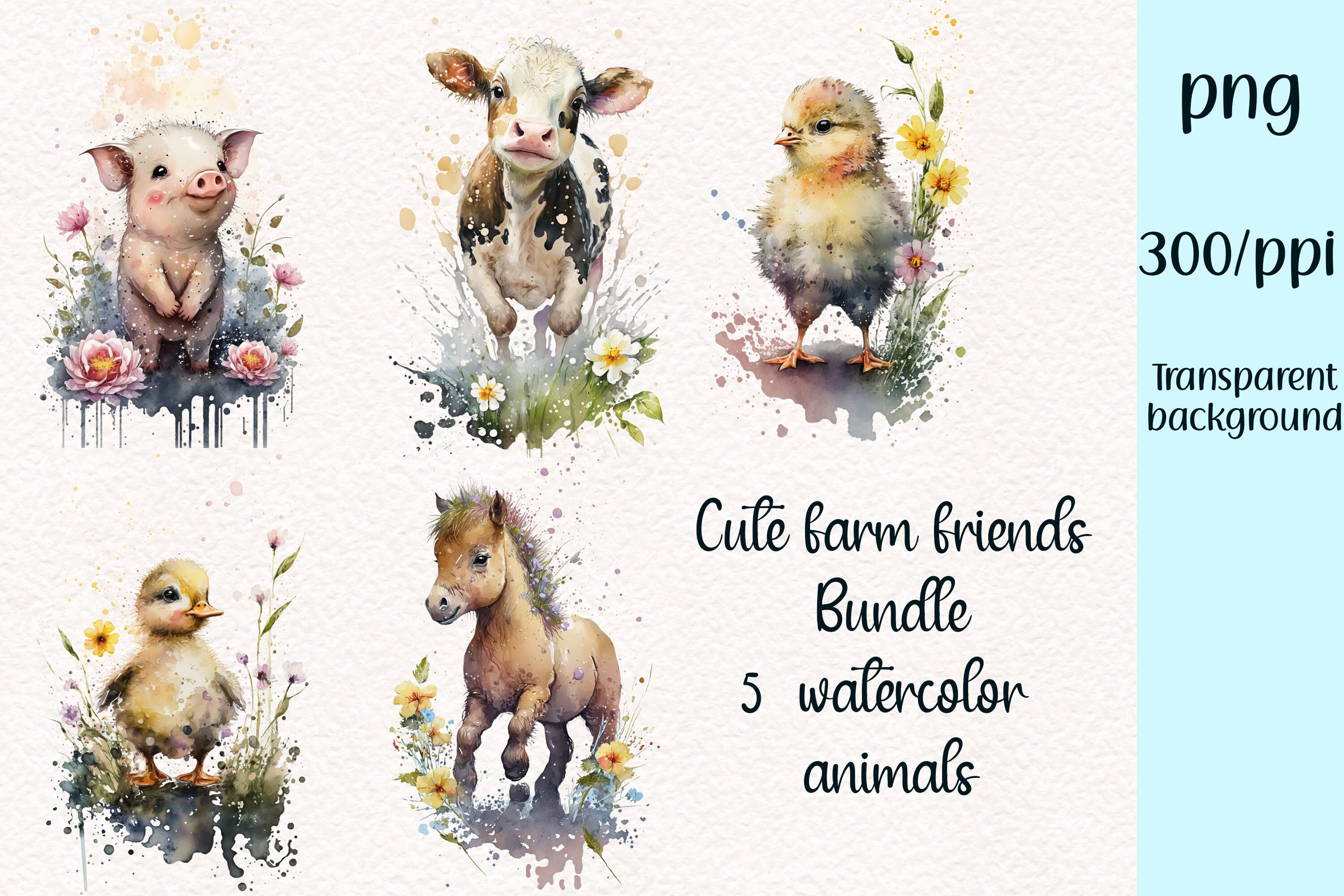 5 Farm Animals Clipart Watercolor, Clipart for Commercial Use ...