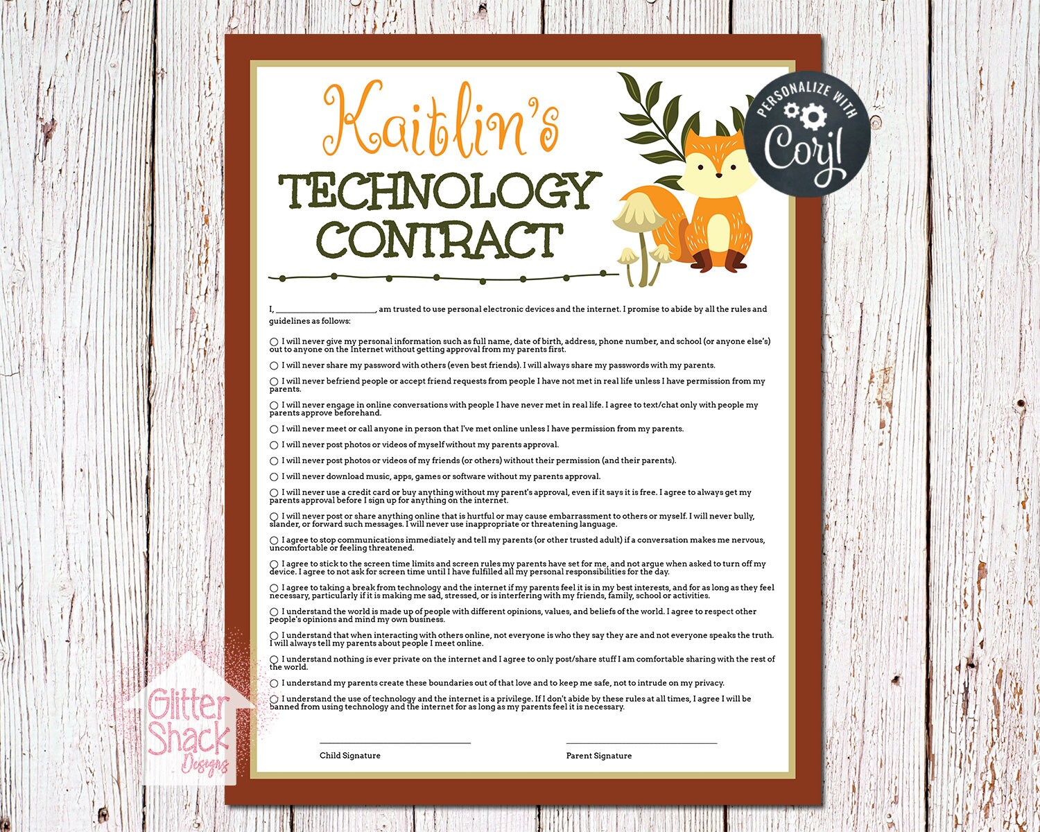 Paper PRINTABLE Screen Time Rules Contract EDITABLE PDF File Technology ...