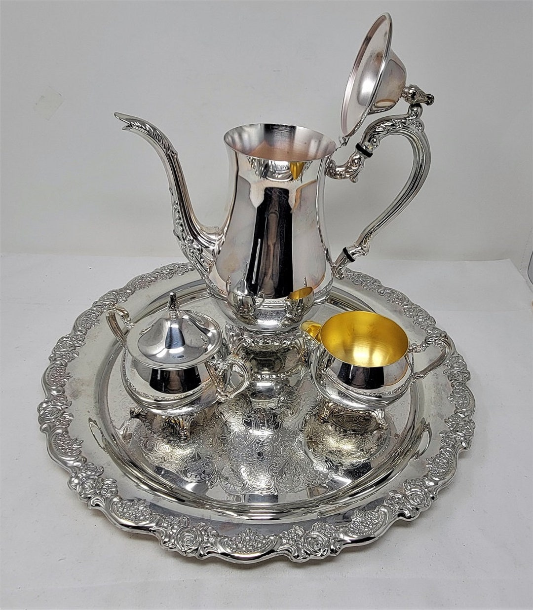 Vintage Oneida Silverplate Tea Set Teapot Tray Sugar Bowl Creamer ...