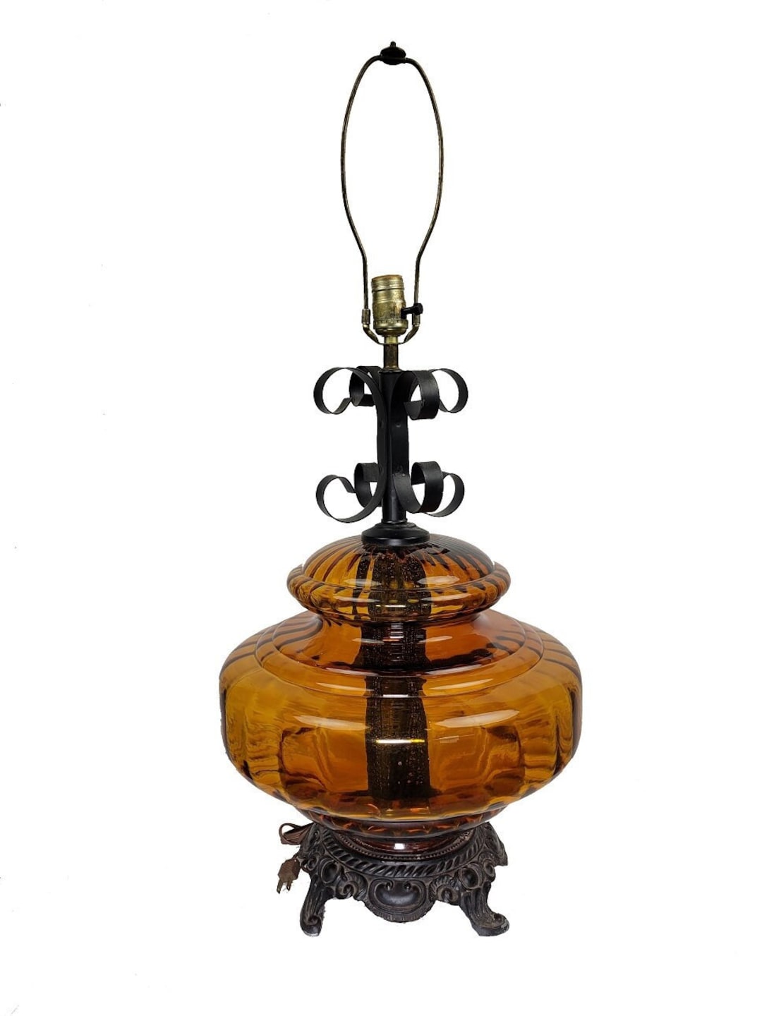 Vintage Large Amber Glass and Metal Table Lamp - Etsy