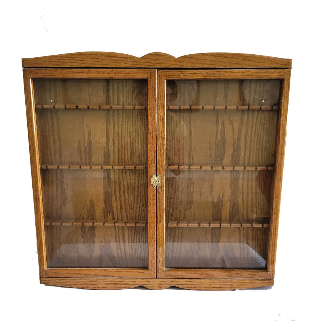 Vintage Wooden Wall Display Rack With Glass Front Double Door Holds 63 ...