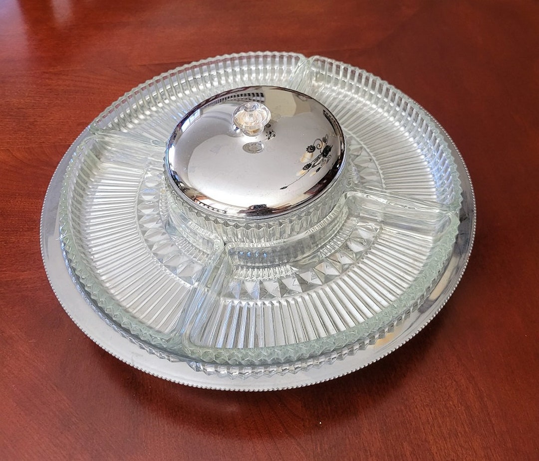 Vintage 1960's Kromex 6 Pc Rotating LAZY SUSAN Glass/silverplated With ...