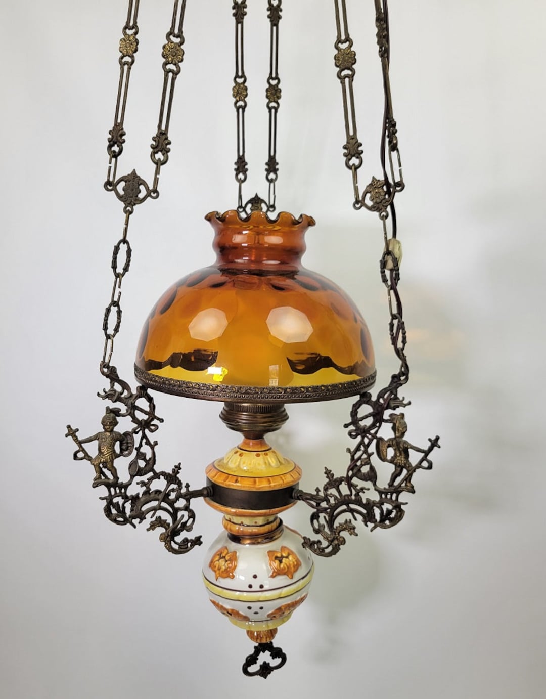 Vintage Hurricane Hanging Ceiling Lamp Chandelier Amber & Metal ...