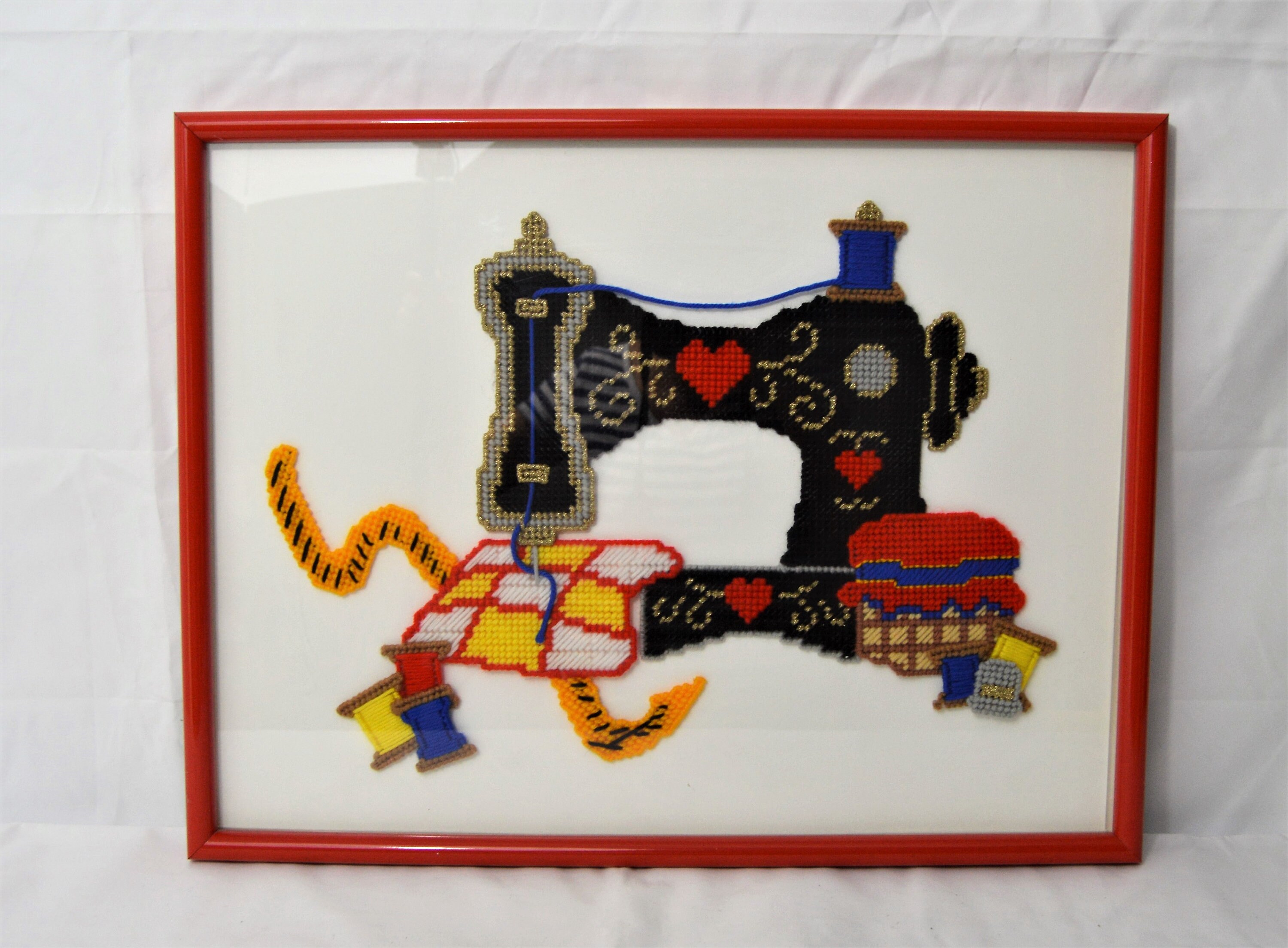 Singer Sewing Machine Finished Cross Stitch Red Framed Seamstress Wall ...