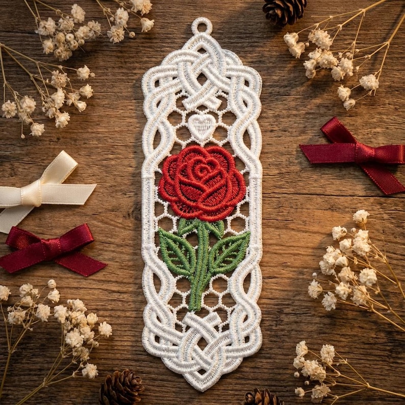 FSL Rose Bookmark, Green Stem Beauty, Elegant Fl - Free Standing Lace ...