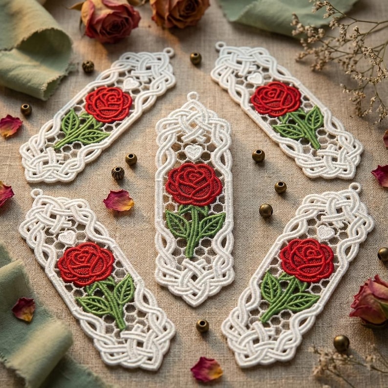 FSL Rose Bookmark, Green Stem Beauty, Elegant Fl - Free Standing Lace ...