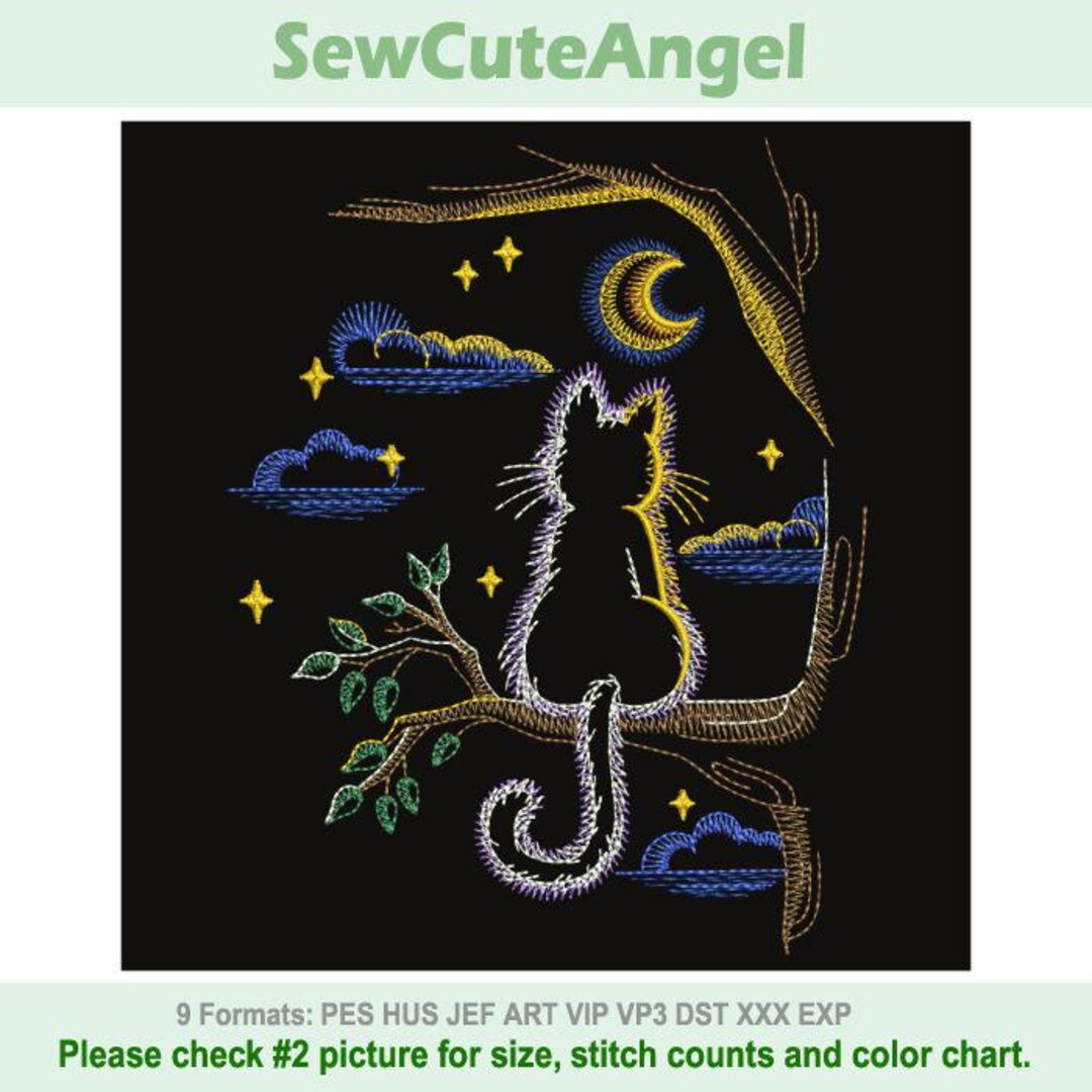 Nighttime Cat, Celestial Feline, Moonlit Dream - Machine Embroidery ...