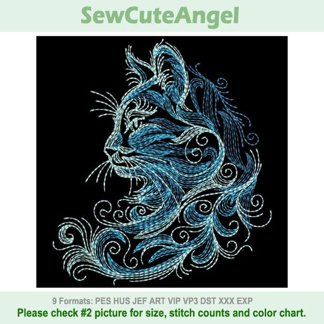 Blue Cat, Tail Cat, Feline With Blue Tail Machine Embroidery Designs ...