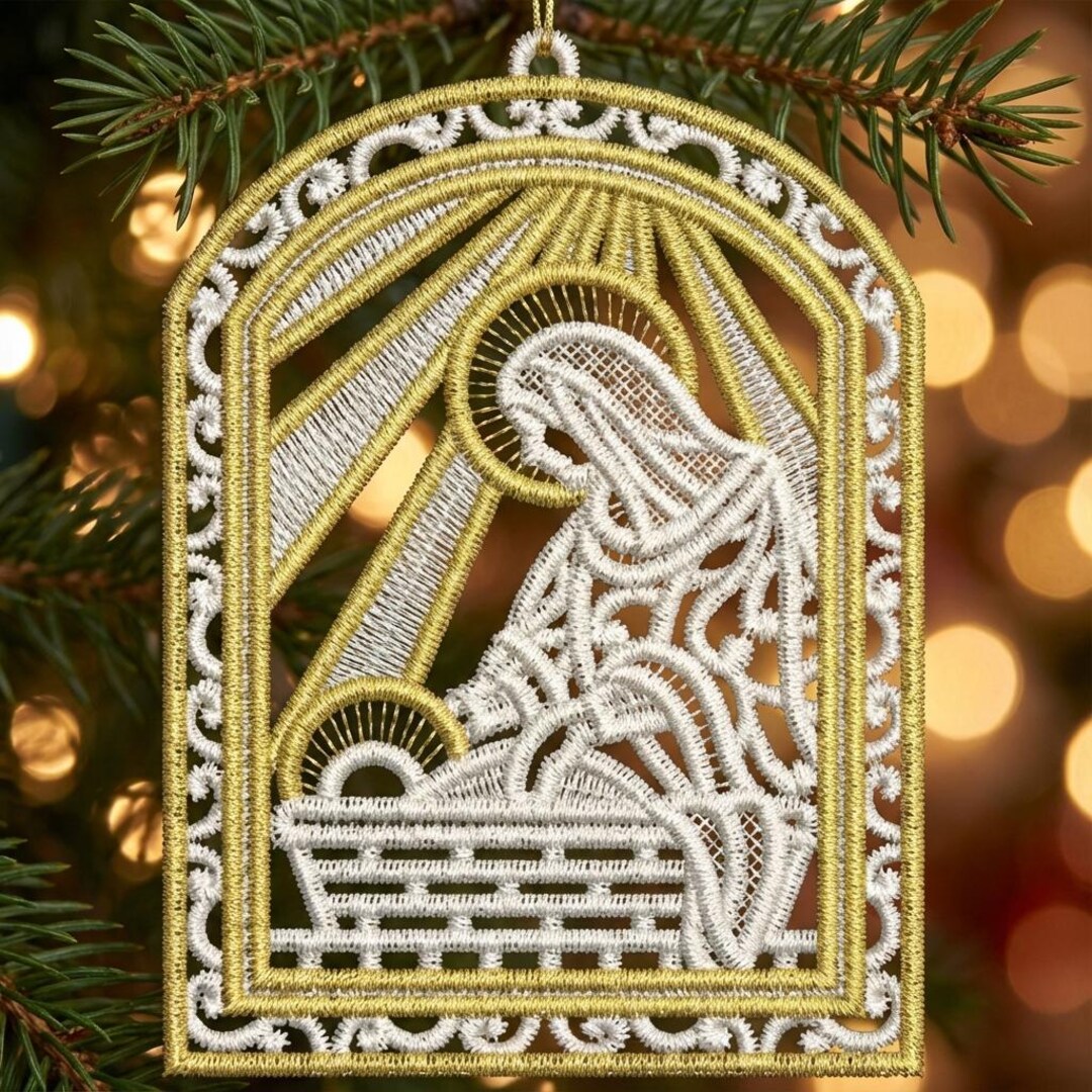 FSL Golden Nativity Scene, White Christmas Ornamen - Free Standing Lace ...