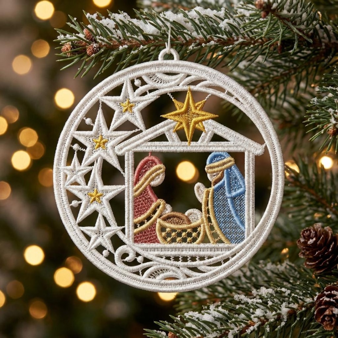 FSL Nativity Scene Ornament, Starry Christmas Deco - Free Standing Lace ...