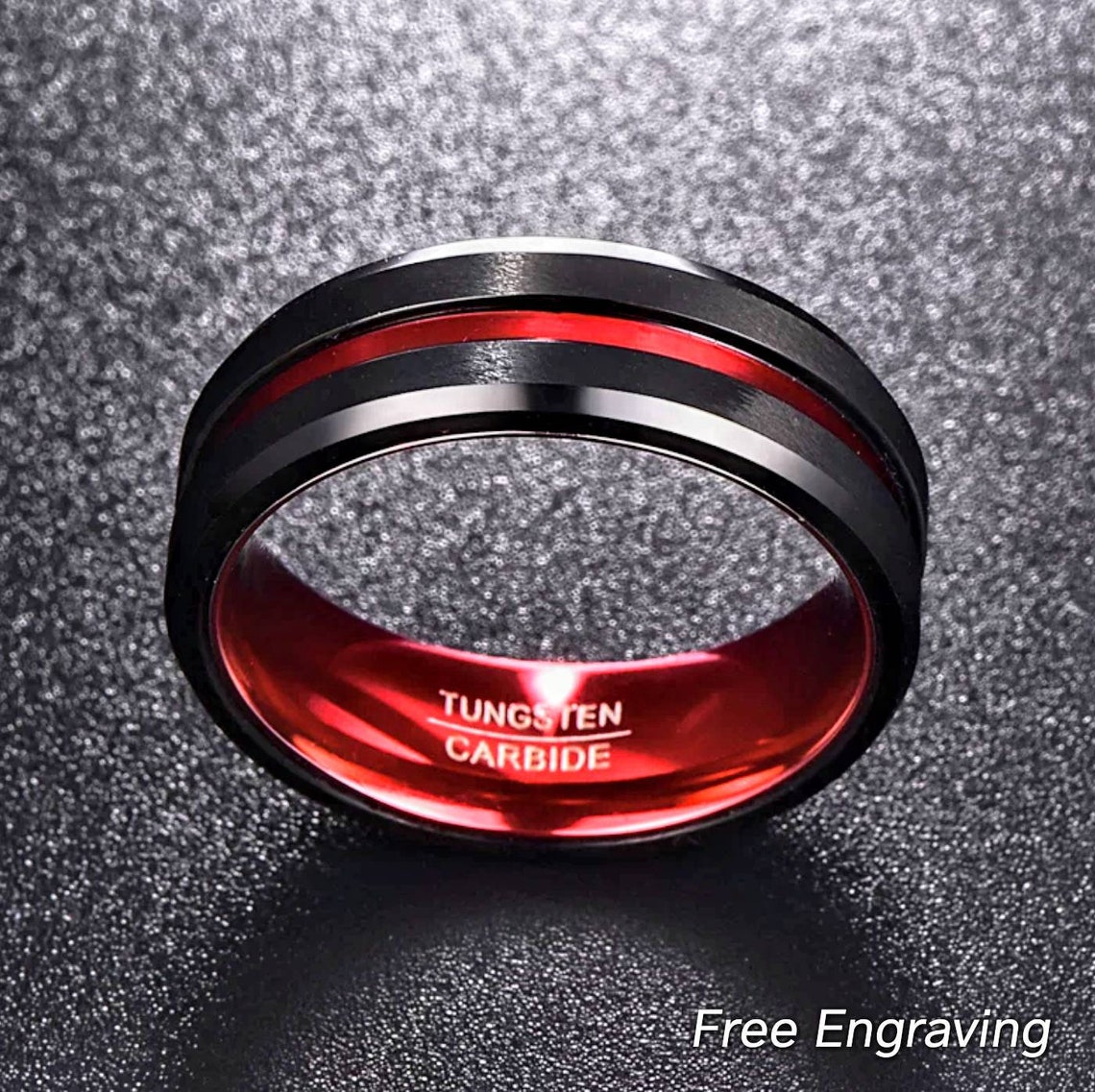 Black and Red Wedding Band Mens Red Black Ring Red Bands - Etsy